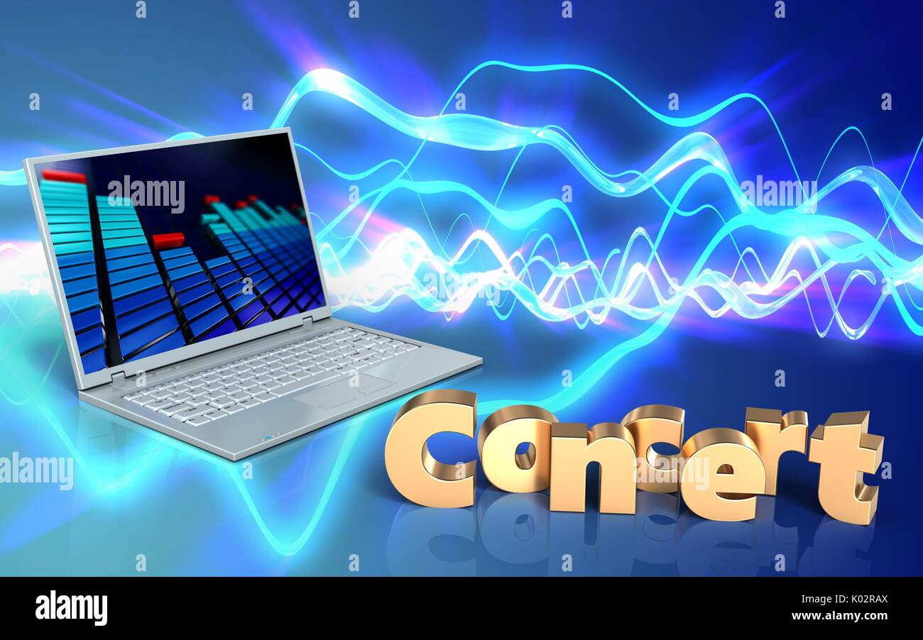 3d illustration of laptop computer over sound waves blue background ...