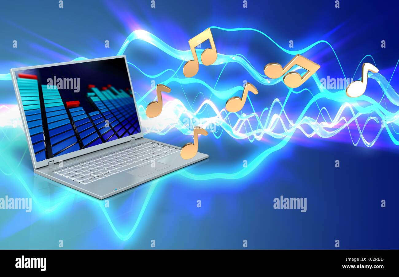 3d illustration of laptop computer over sound waves blue background ...