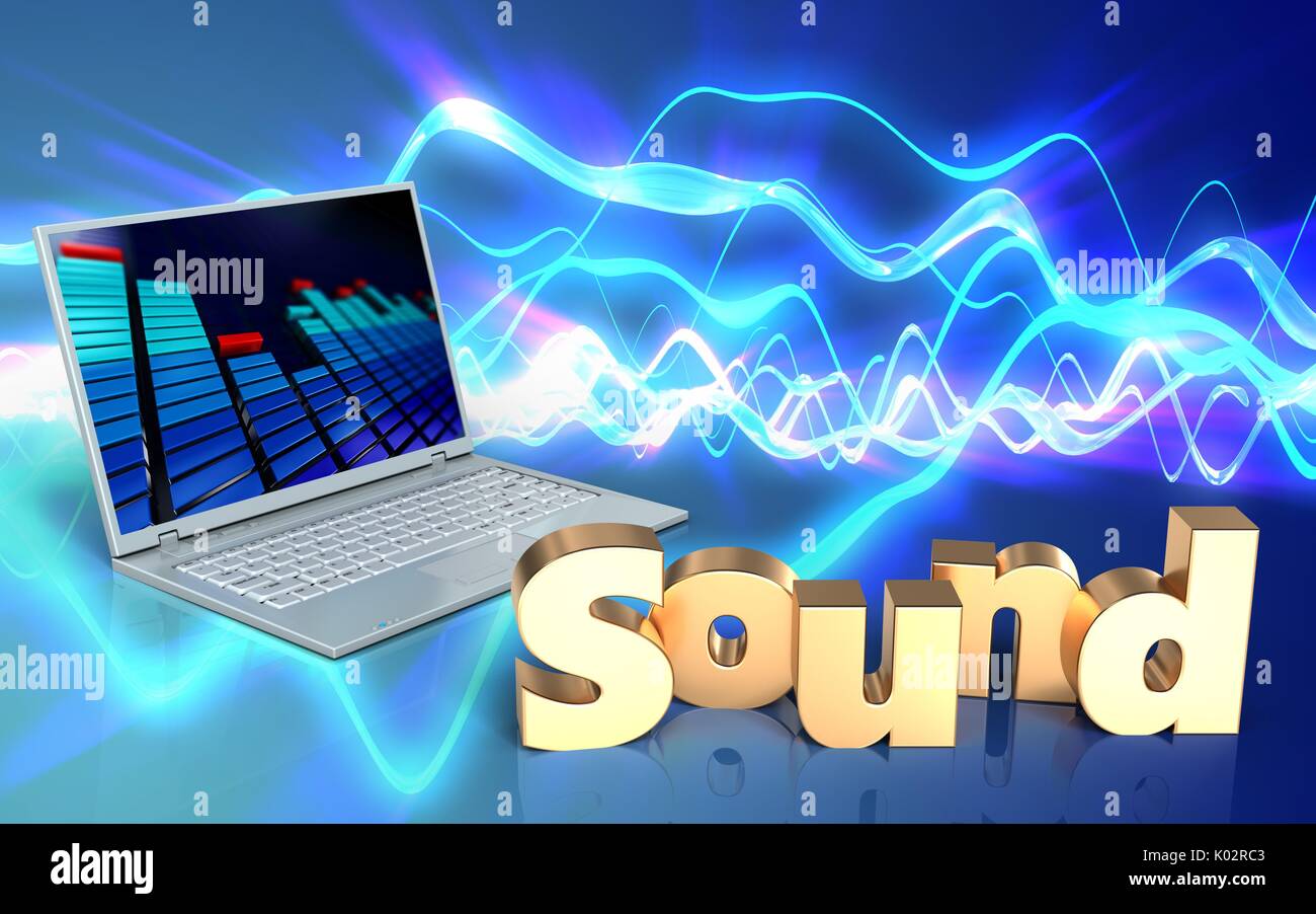 3d illustration of laptop computer over sound waves blue background ...
