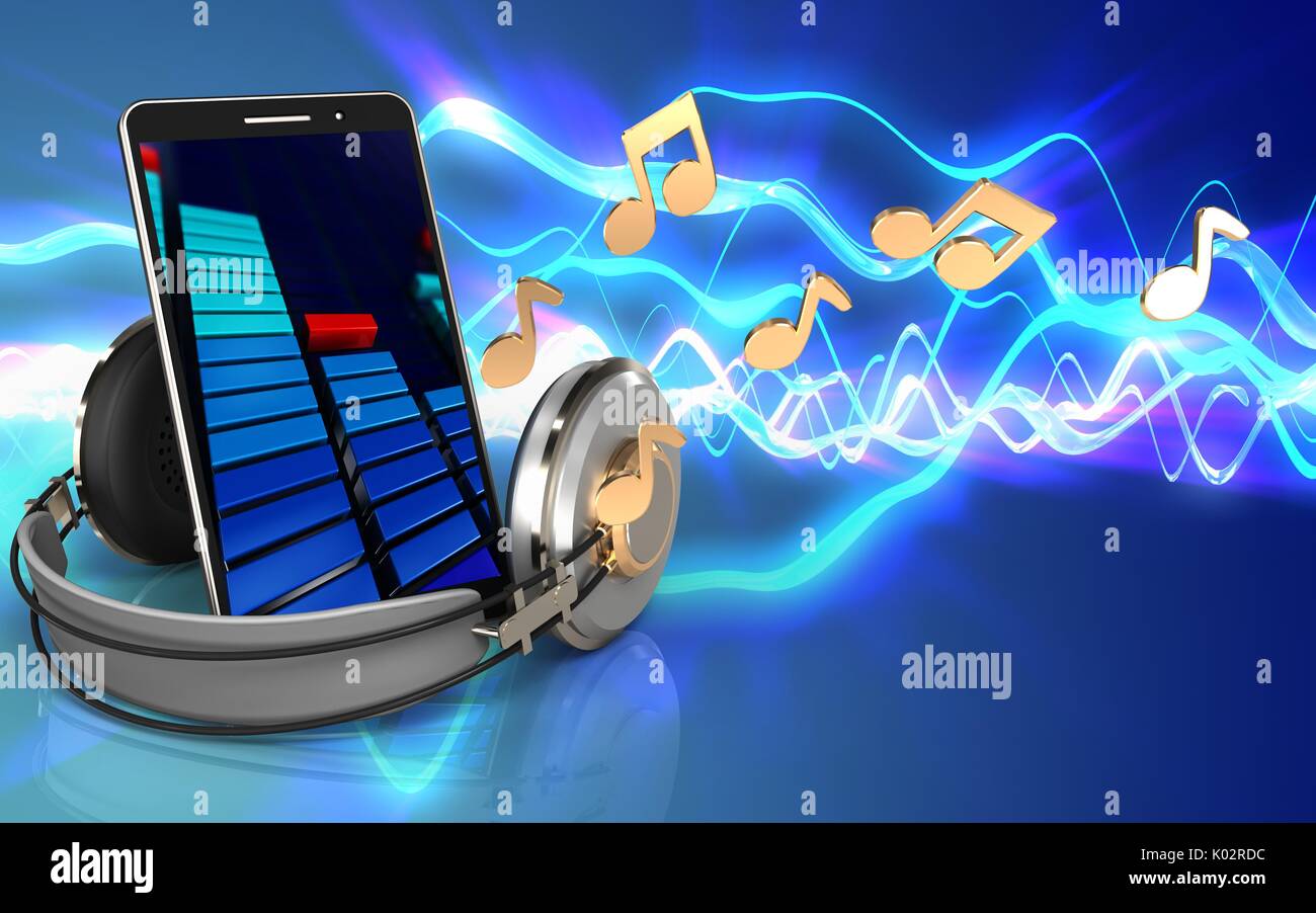 3d illustration of mobile phone over sound waves blue background with ...