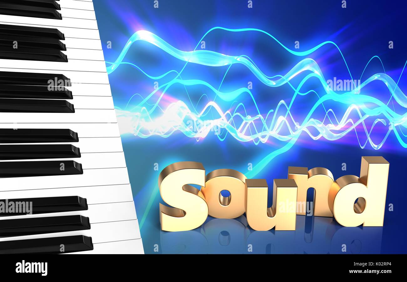 3d illustration of piano keys over sound waves blue background with ...