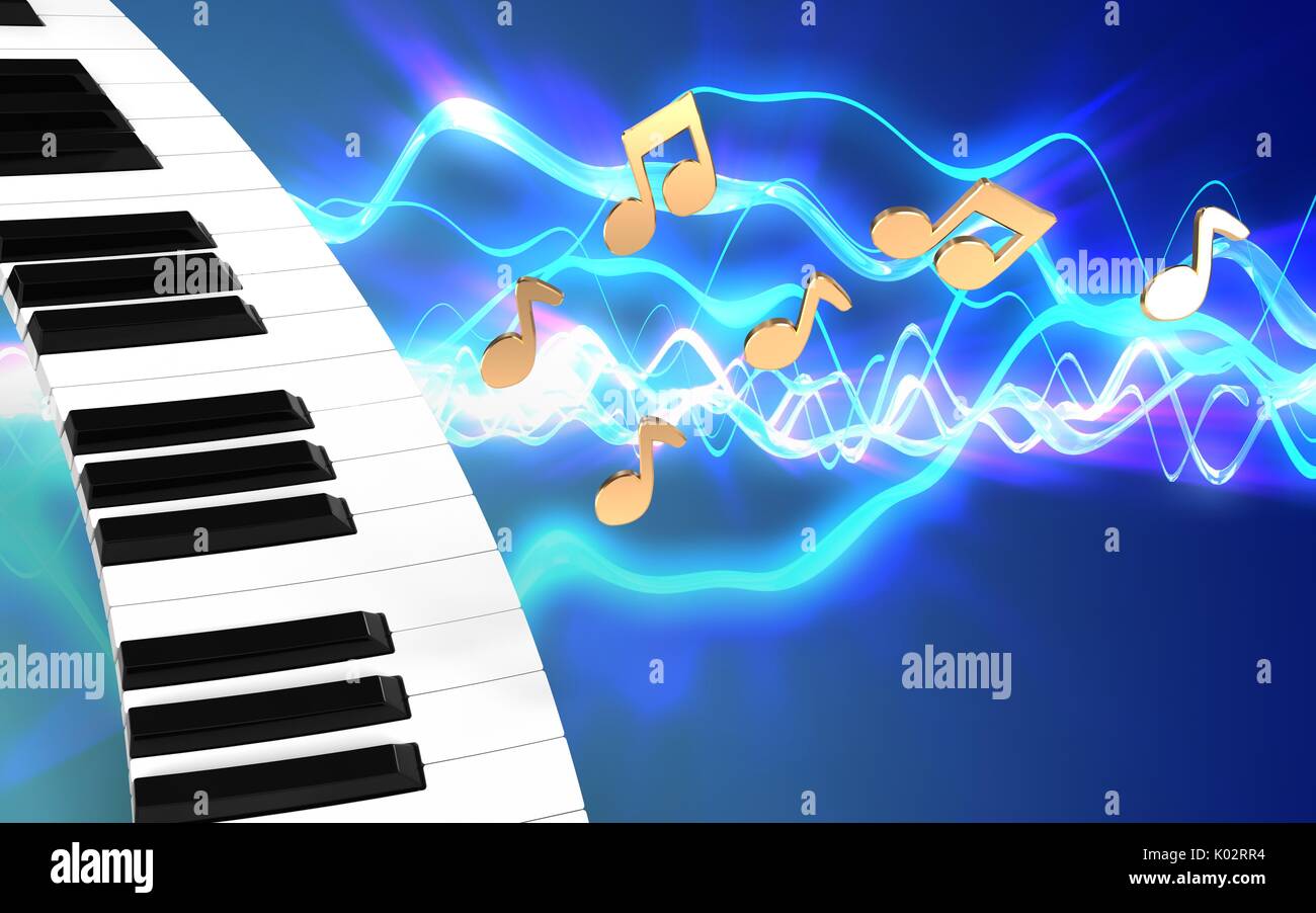3d illustration of piano keyboard over sound waves blue background with ...