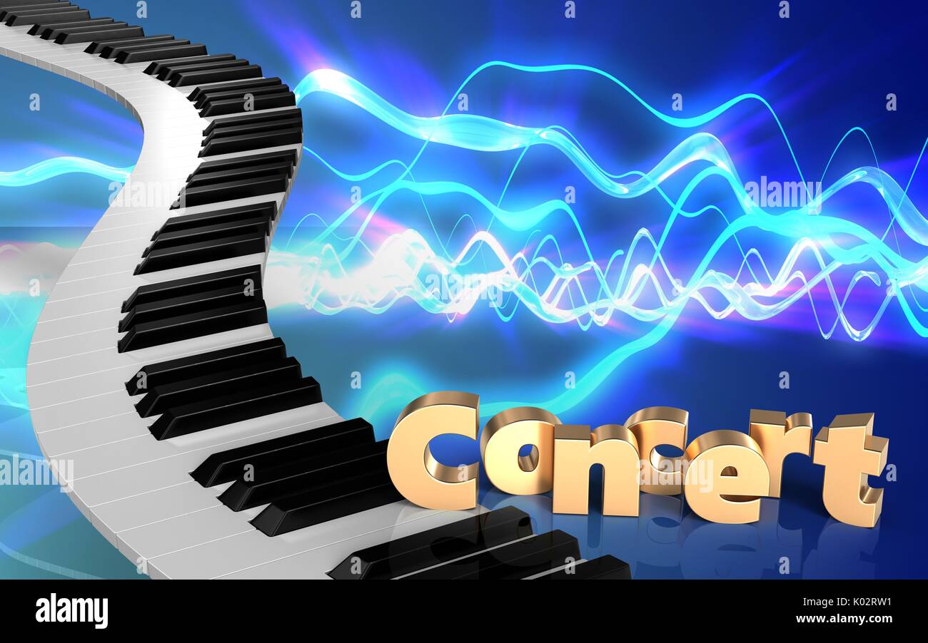 3d illustration of piano keys over sound waves blue background with ...