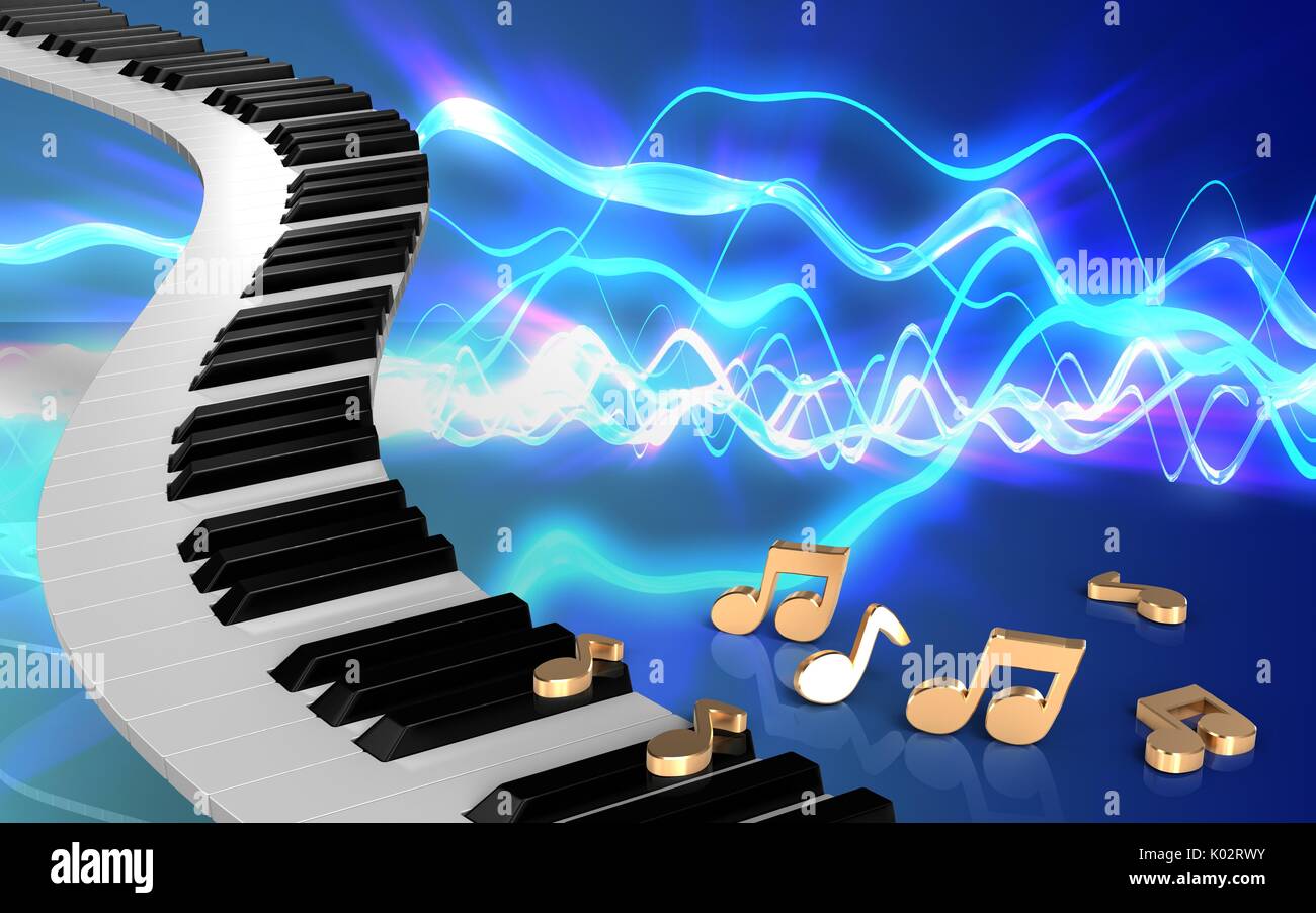 3d illustration of piano keys over sound waves blue background with ...