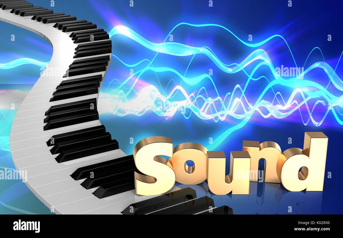 3d illustration of piano keys over sound waves blue background with ...
