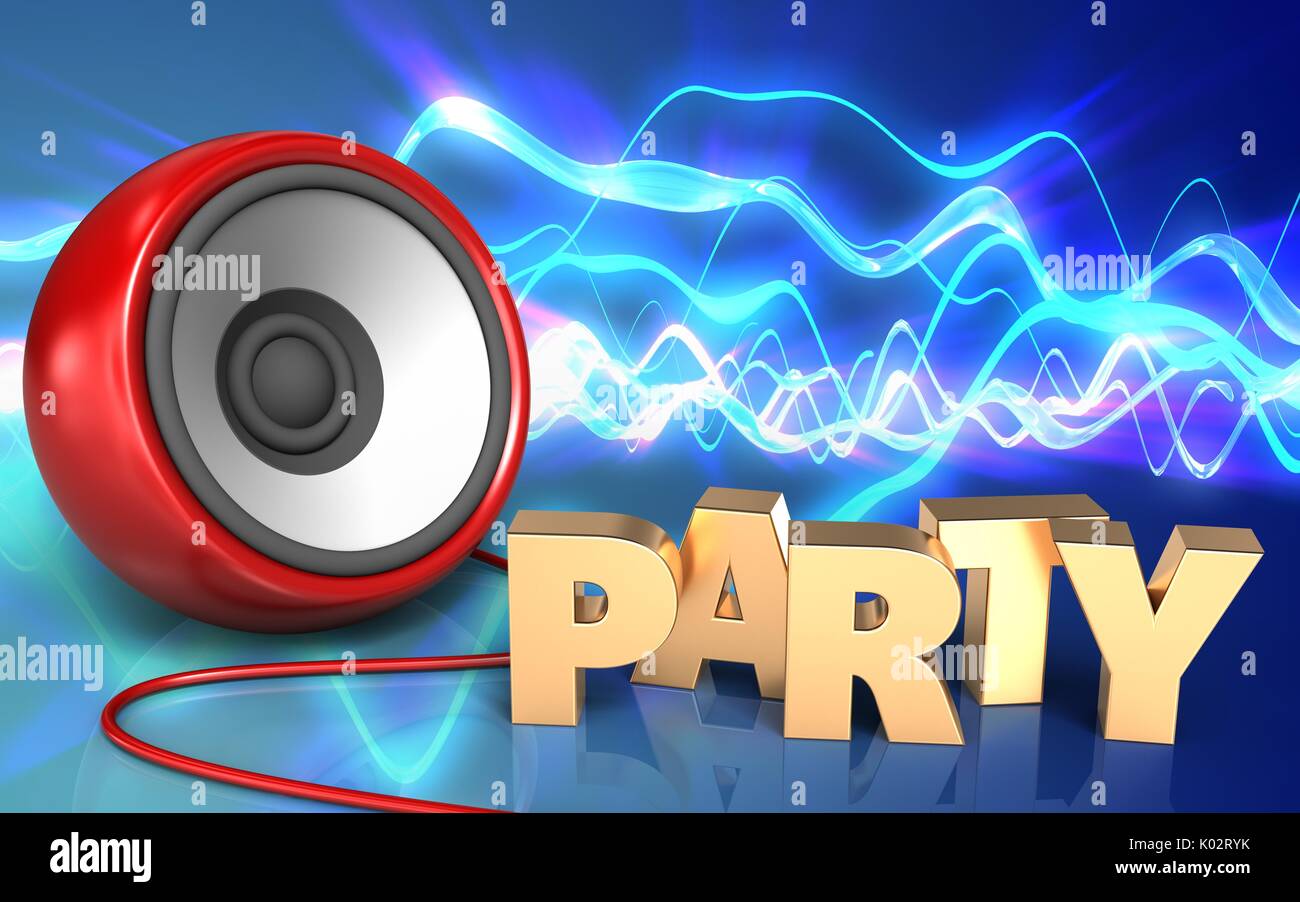 3d illustration of speaker over sound waves blue background with party ...