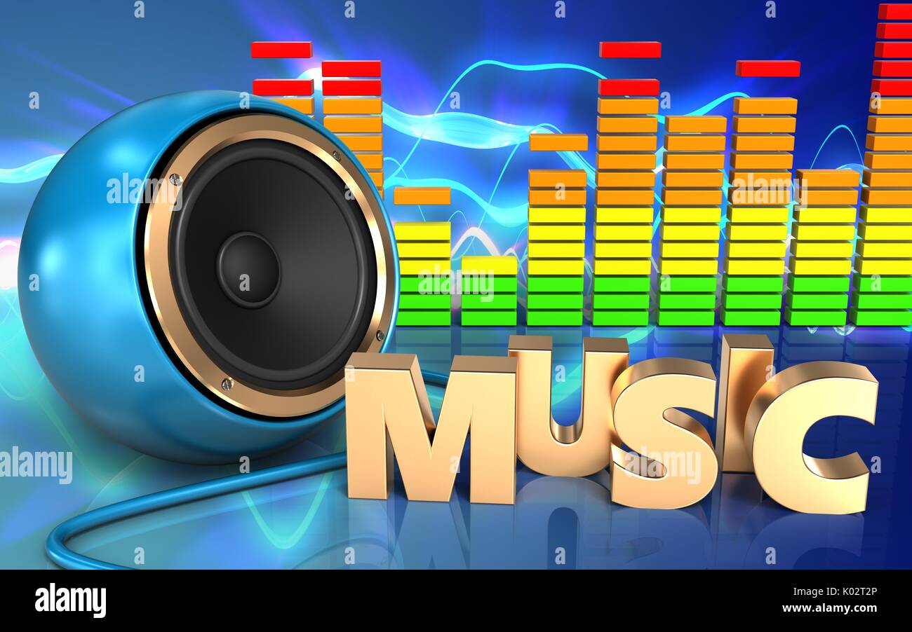 3d illustration of blue sound speaker over sound waves blue background ...