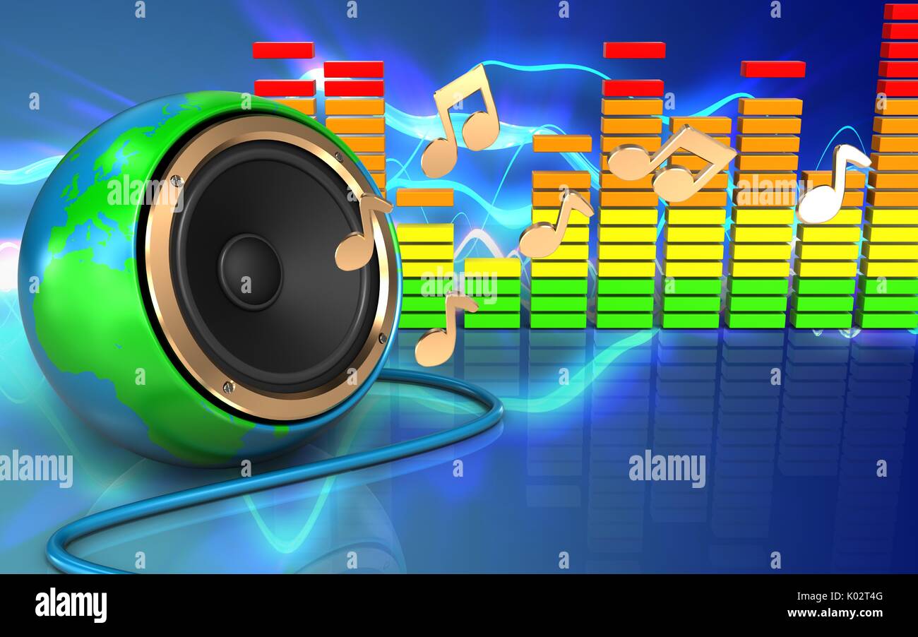 3d illustration of earth globe speaker over sound waves blue background ...