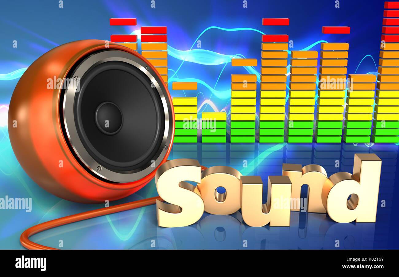 3d illustration of orange speaker over sound waves blue background with ...