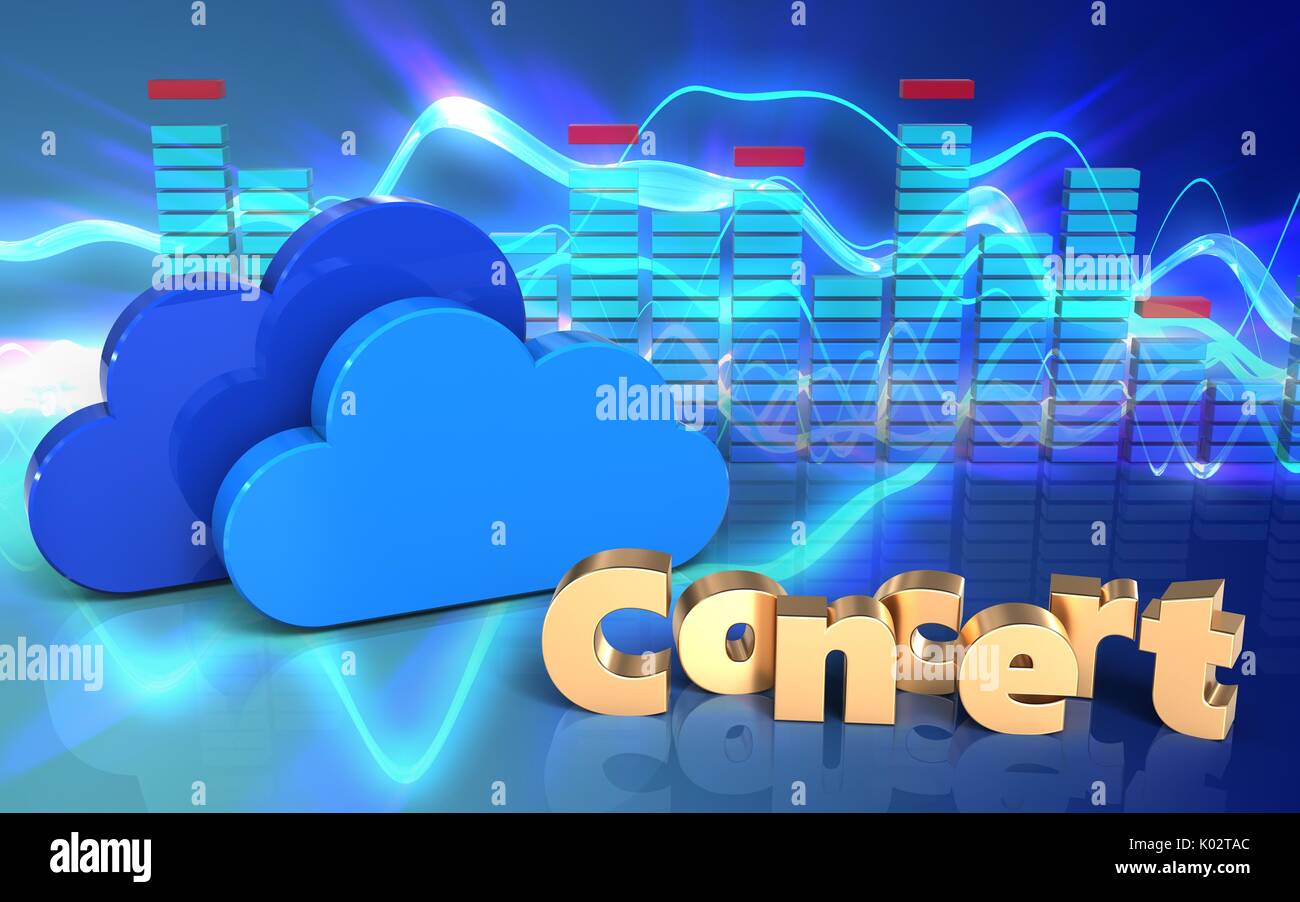 3d illustration of clouds over sound waves blue background with concert ...