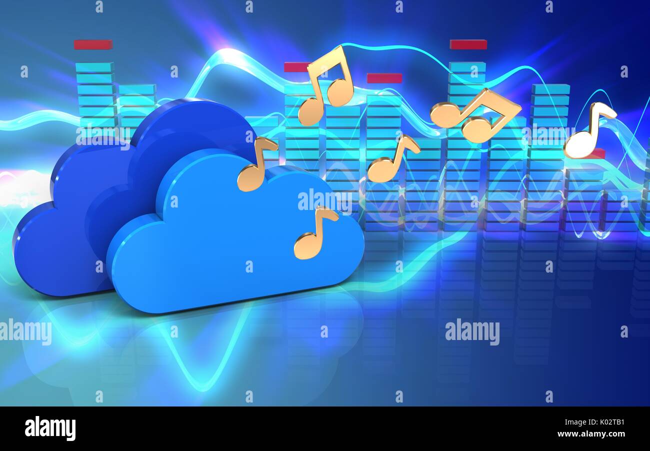3d illustration of clouds over sound waves blue background with notes ...