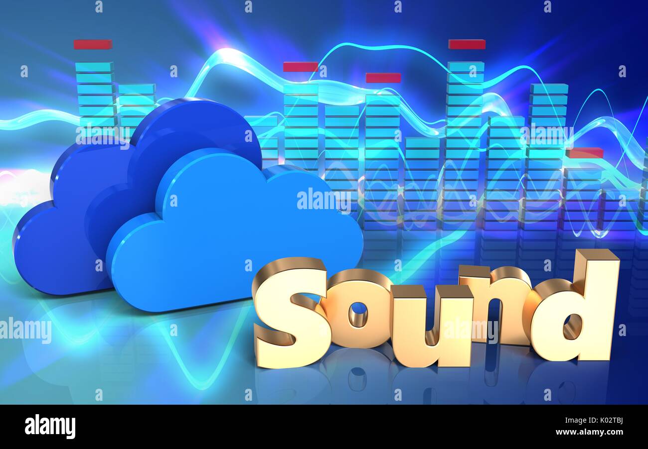 3d illustration of clouds over sound waves blue background with 'sound ...