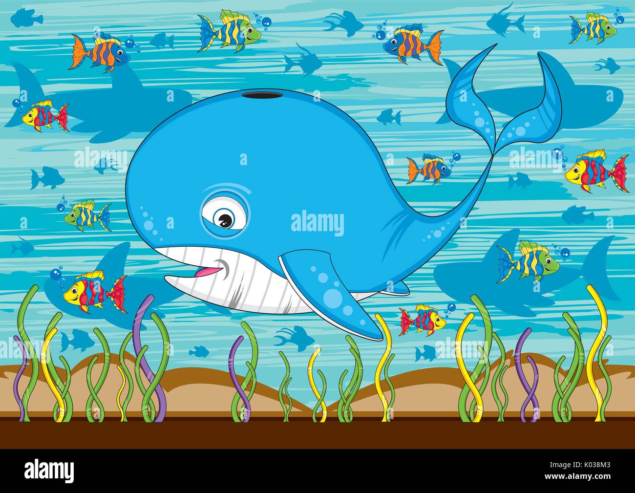 Cartoon Blue Whale and Tropical Fish Vector Illustration Stock Vector ...