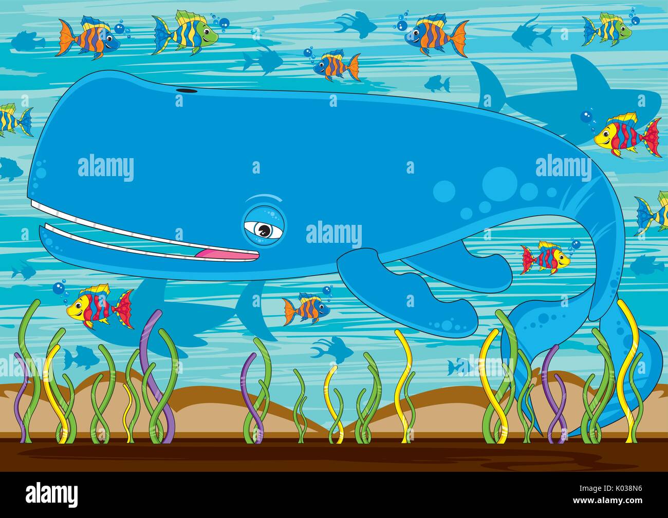 Cartoon Blue Whale and Tropical Fish Vector Illustration Stock Vector ...