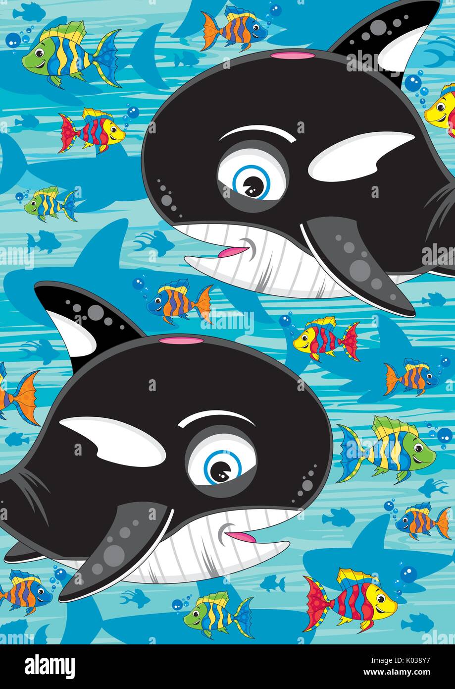 Cartoon Killer Whale and Tropical Fish Vector Illustration Stock Vector ...