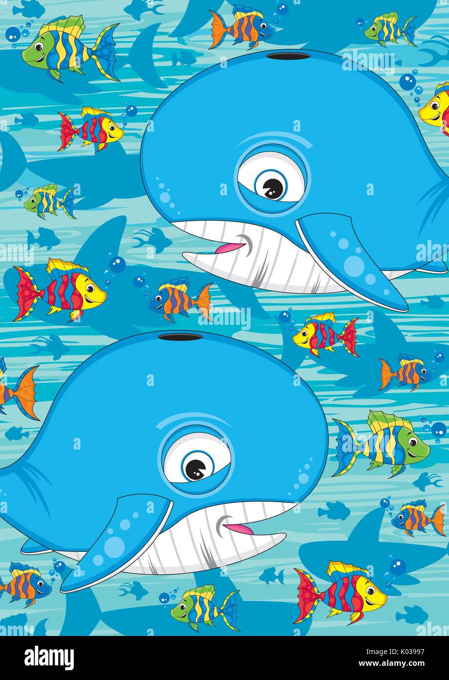 Cartoon Blue Whales and Tropical Fish Vector Illustration Stock Vector ...