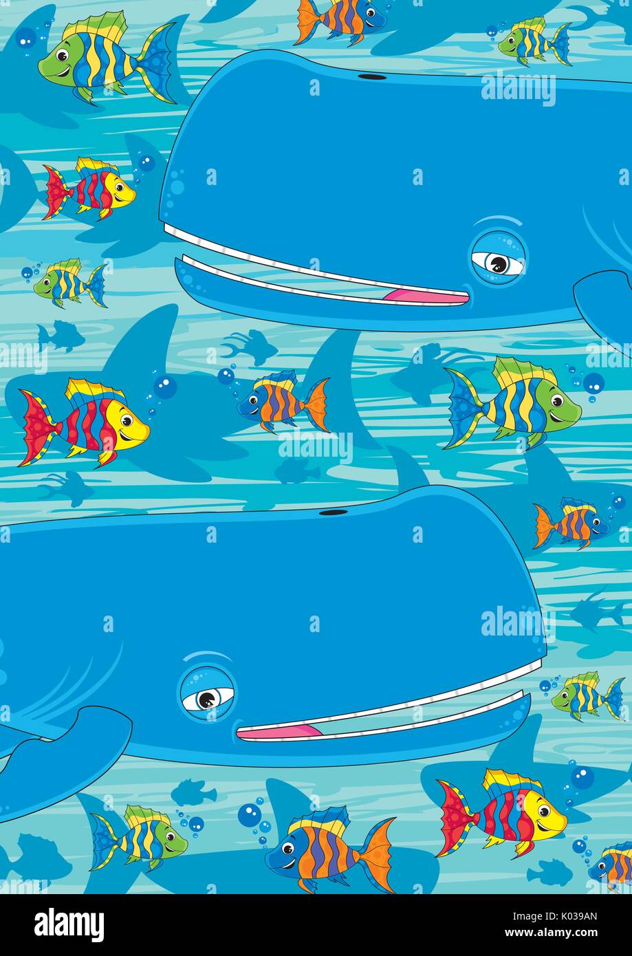 Cartoon Blue Whales and Tropical Fish Vector Illustration Stock Vector ...