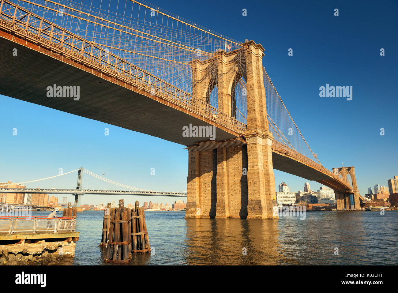 Brooklyn bridge at waterfront in downtown Manhattan New York City Stock ...