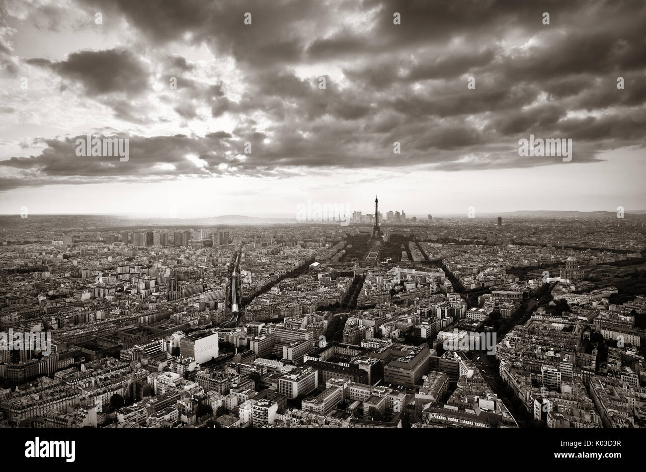 Paris city rooftop view with Eiffel Tower black and white Stock Photo ...