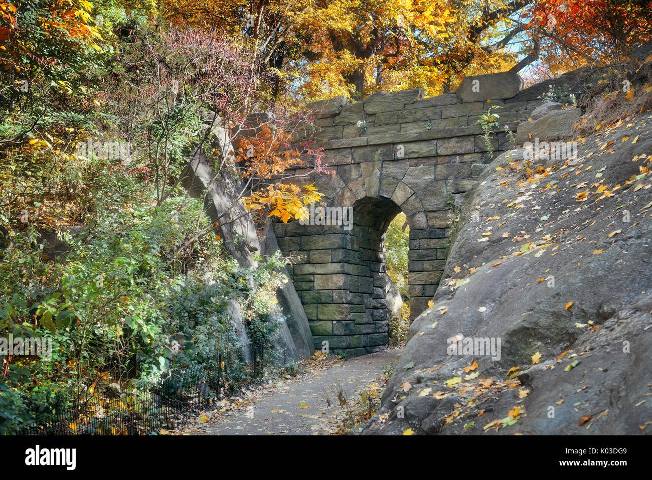 Stone Bridge in Central Park in woods, New York City midtown Manhattan ...