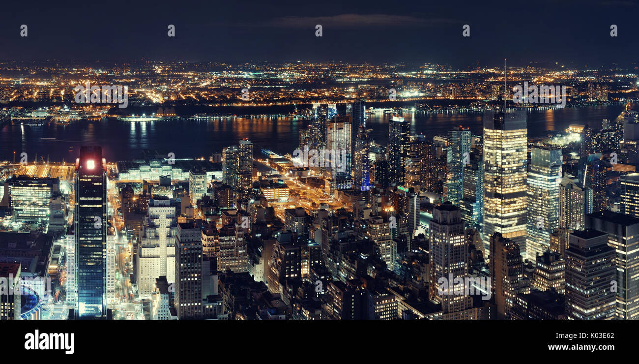 New York City west side at night with urban cityscape panorama view ...