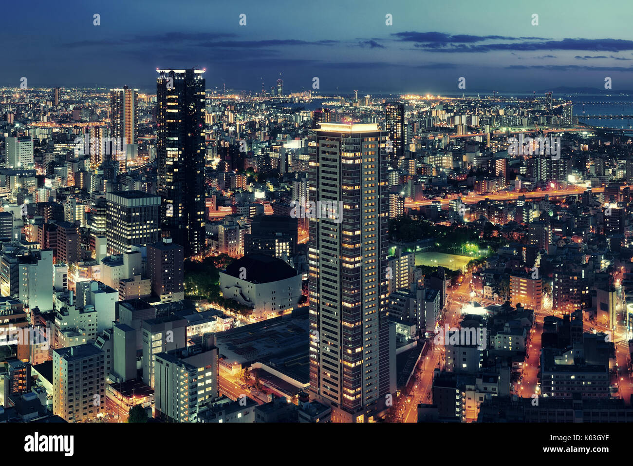 Osaka urban city at night rooftop view. Japan Stock Photo - Alamy