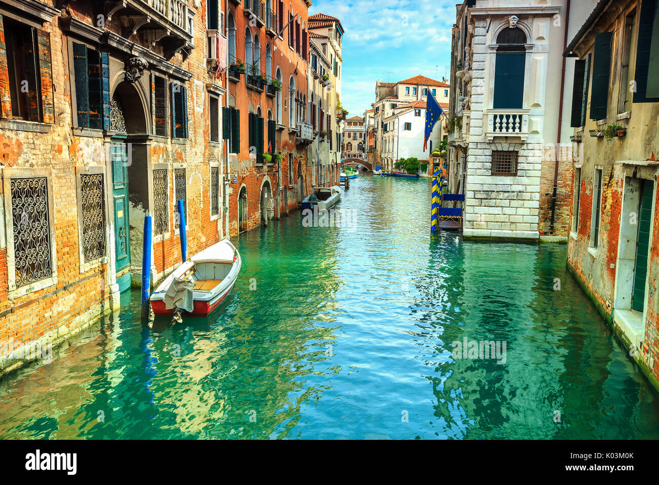 Colorful buildings and motorboats in the best touristic town, Venice ...