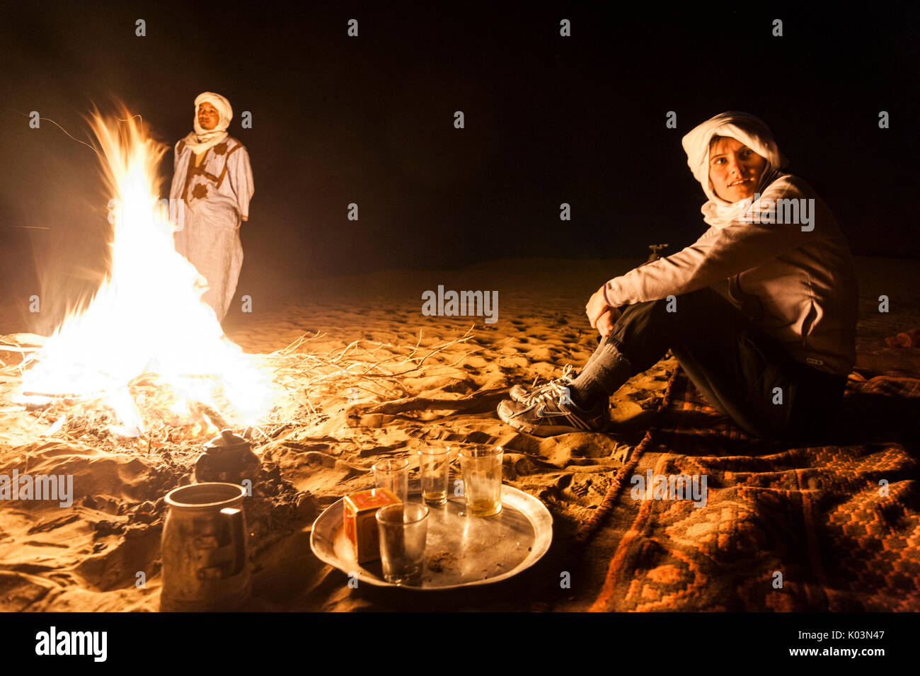 Sahara desert, Morocco. Bonfire in the night camp Stock Photo - Alamy