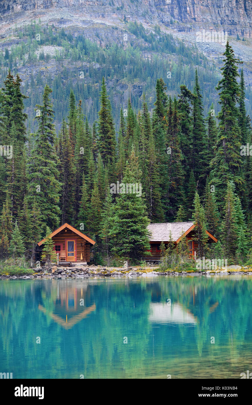 Lake O'hara with waterfront cabin, Yohu National Park, Canada Stock ...