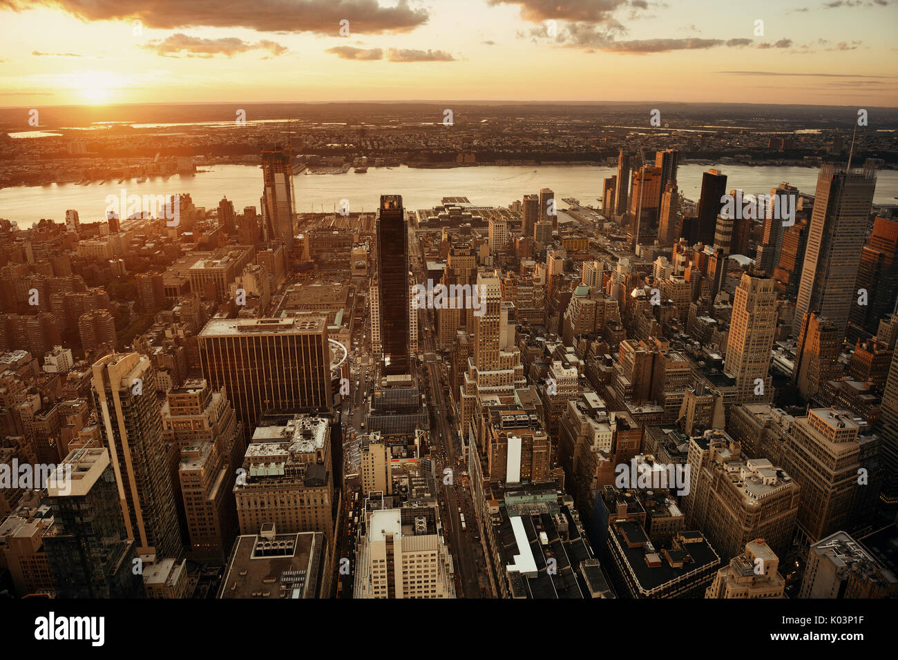 New York City west side sunset with urban cityscape view Stock Photo ...