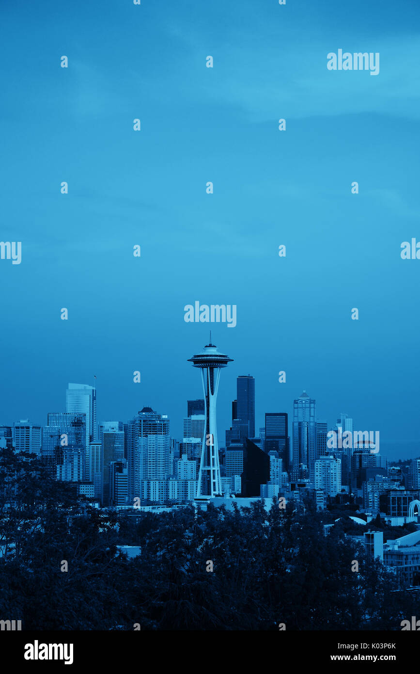 Seattle city skyline at sunset with urban office buildings viewed from ...