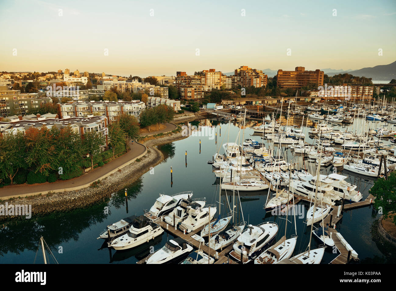 Vancouver harbor view with urban apartment buildings and bay boat in ...