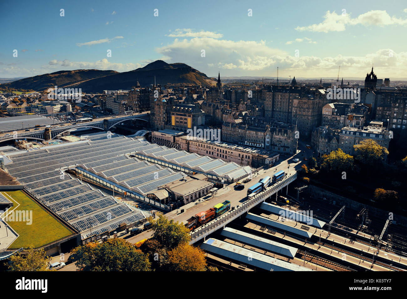 Edinburgh city rooftop view with historical architectures. United ...