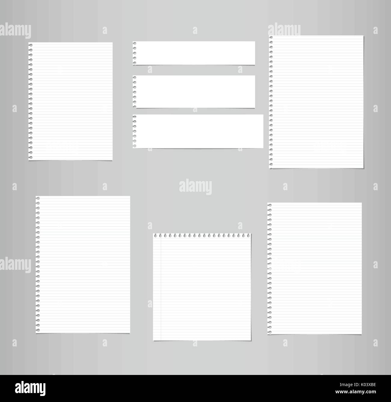 White ruled, lined note, copybook, notebook paper sheets stuck on grey ...