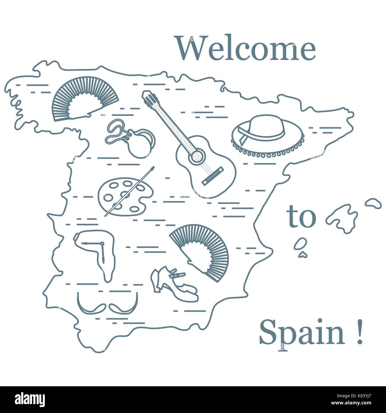 Vector illustration with various symbols of Spain arranged in a circle ...