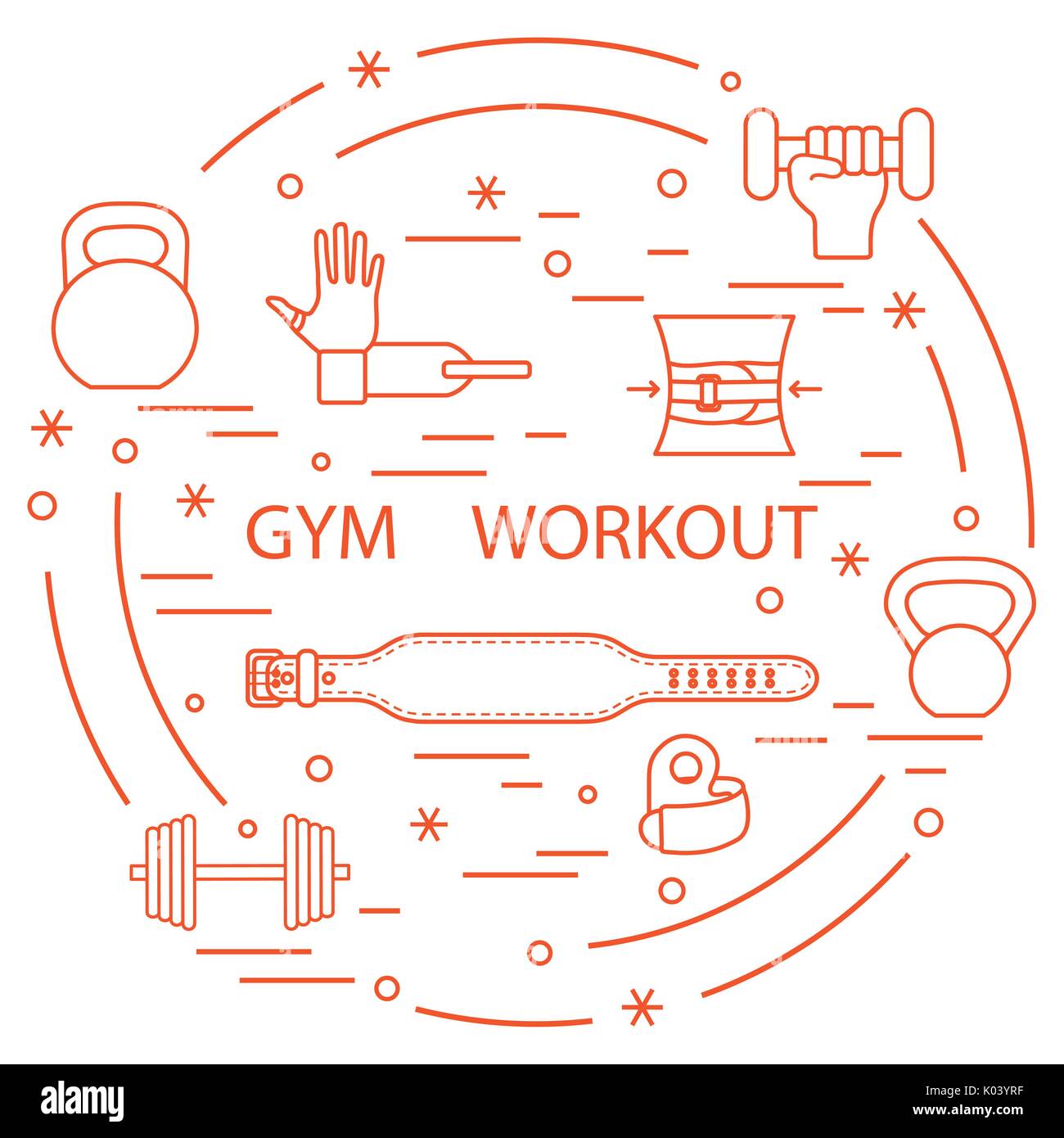 Powerlifting gym workout elements arranged in a circle. Template for ...