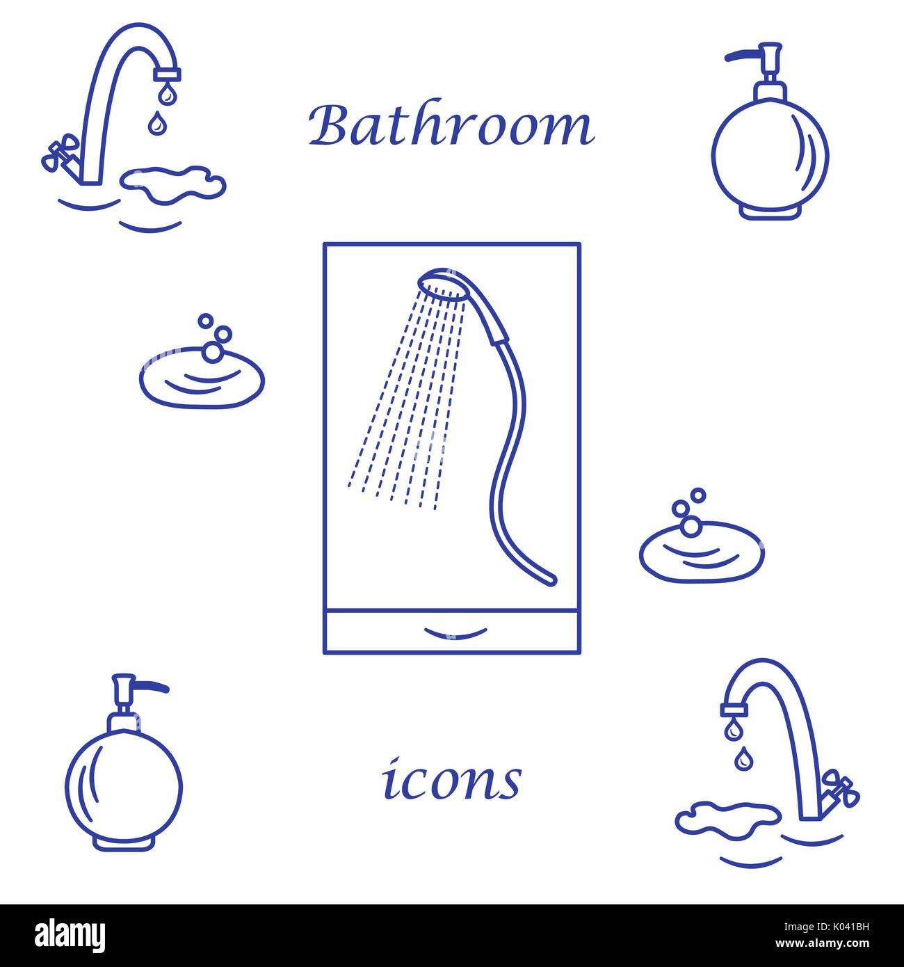 Set of vector illustrations of variety bathroom elements: faucet ...