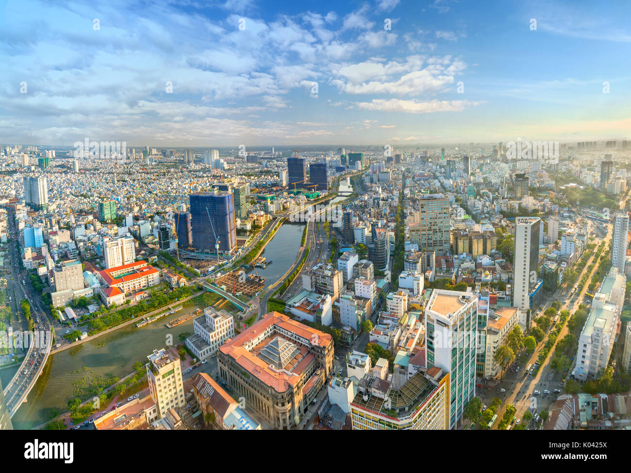 High view of Saigon skyline when the afternoon sun shines down urban ...