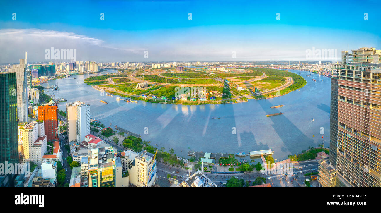 Panorama High view Saigon skyline when the sun shines down urban with ...