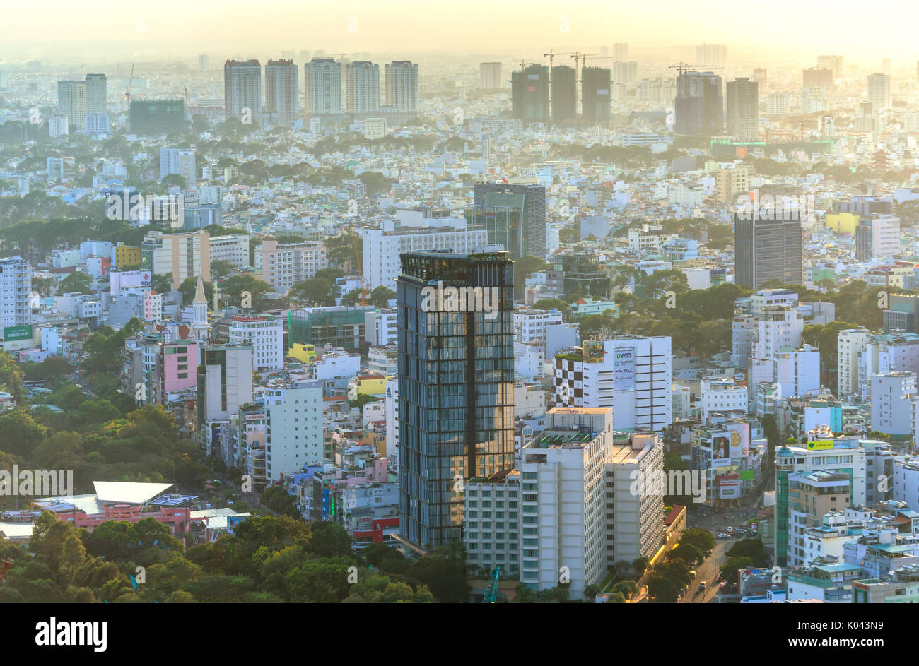 High view of Saigon skyline when the afternoon sun shines down urban ...