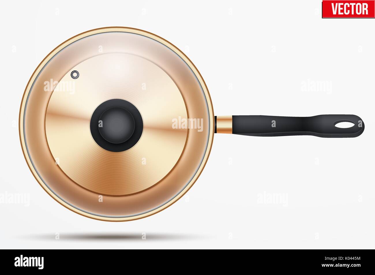 Classic brass fry pan with glass lid and handle. Top view and round ...