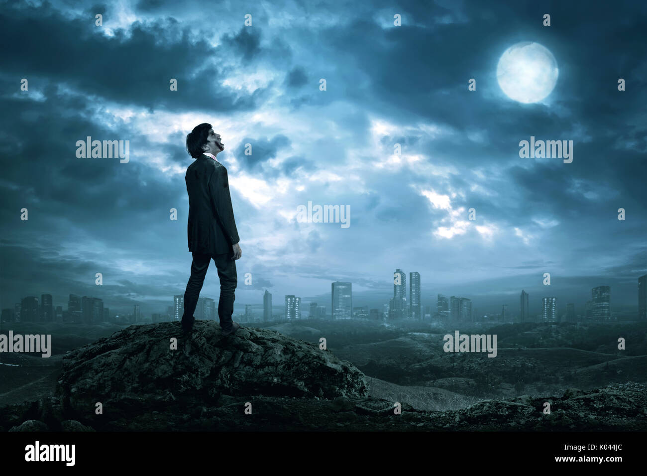 Scary asian zombie man with wounded face standing at moonlight Stock ...