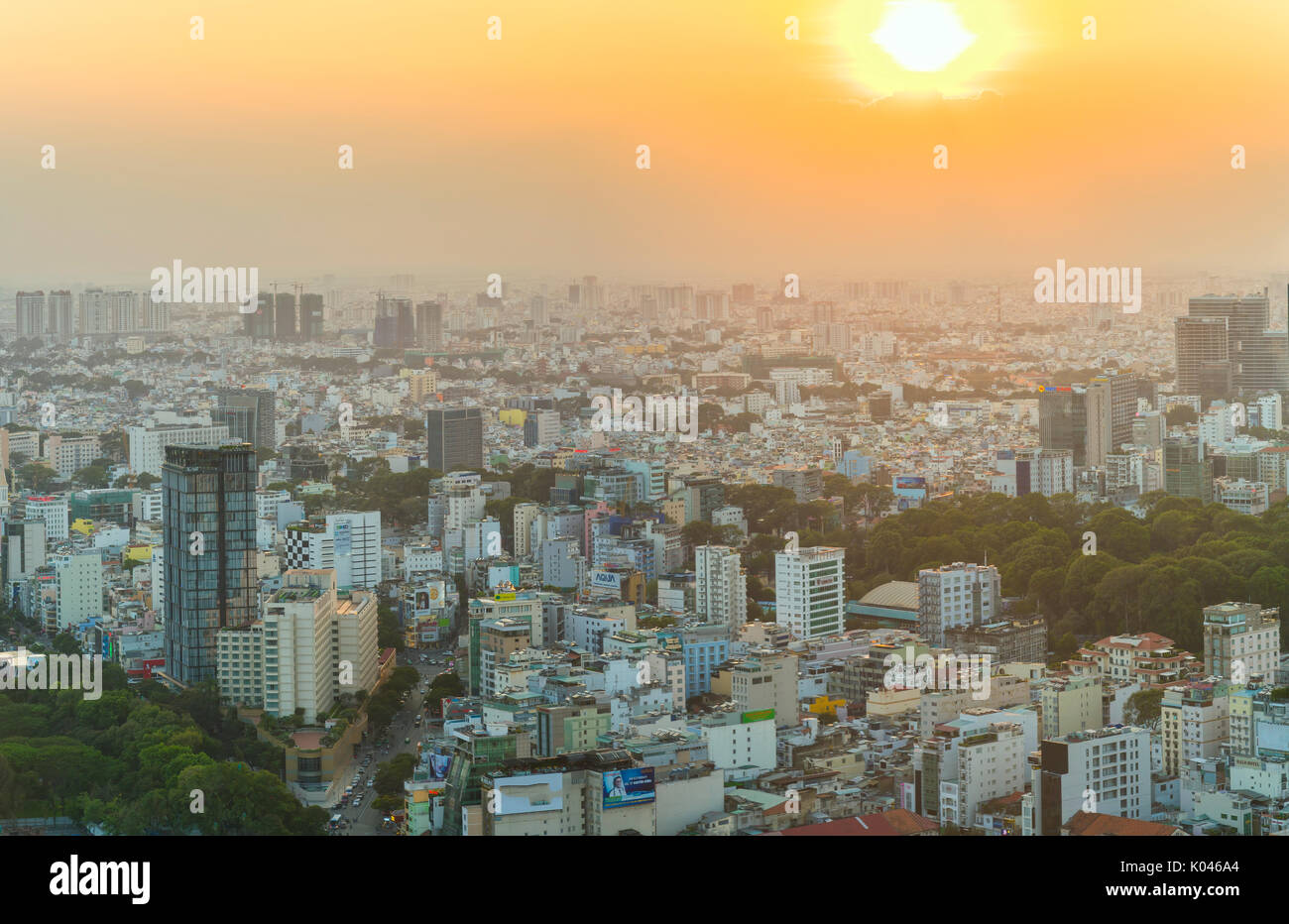 High view Saigon skyline when the sun shines down urban areas with tall ...