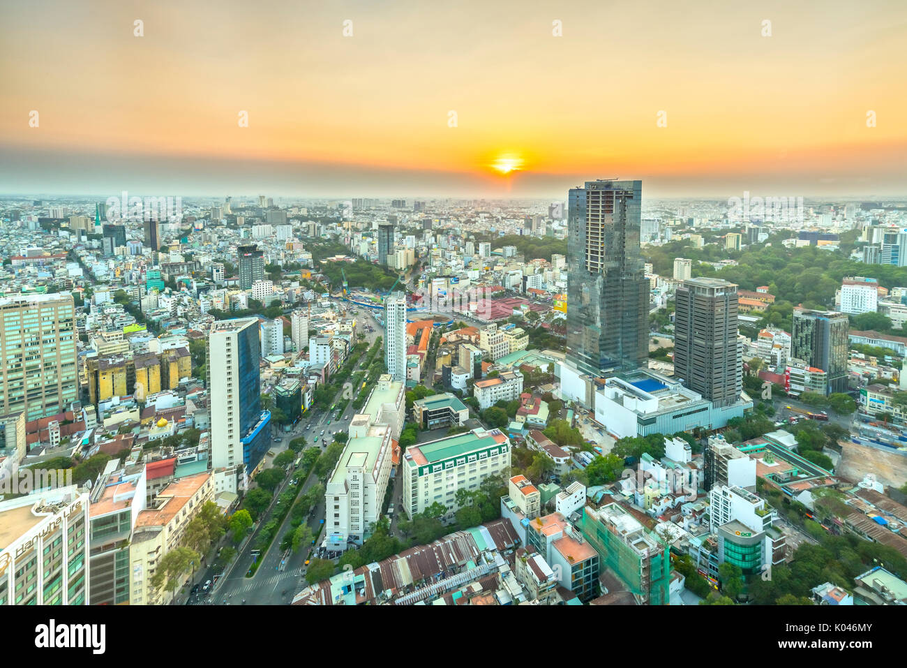 High view Saigon skyline when the sun shines down urban areas with tall ...