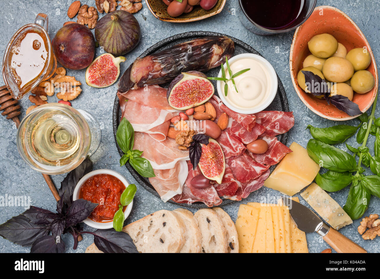 Italian antipasti wine snacks set Stock Photo - Alamy