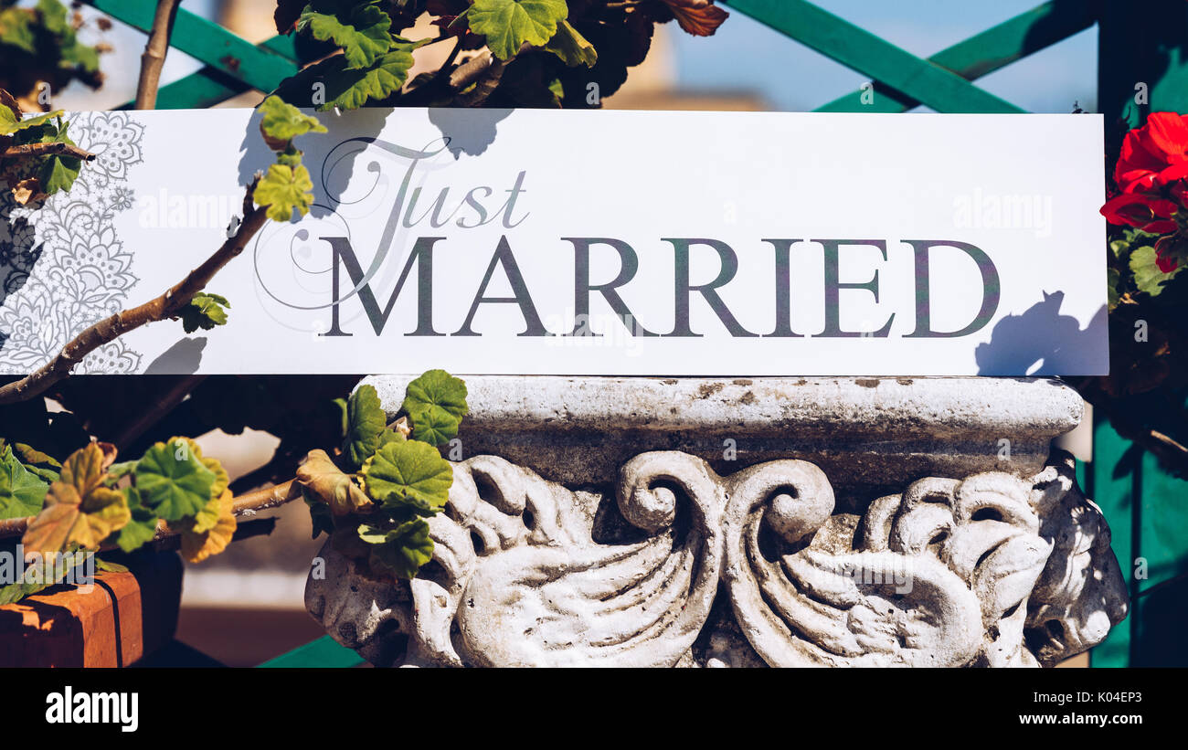 Just Married text on white background with flowers Stock Photo - Alamy
