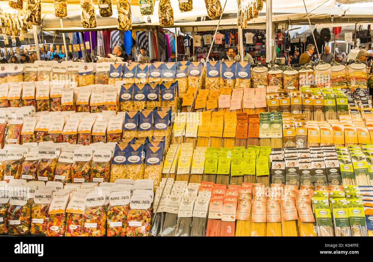 different types of pasta on display ata a stall at campo dei fiori ...