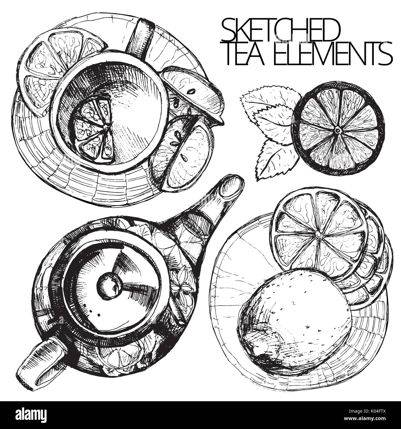 Tea hand draw set - teapot, cup and spoon with lemons, limes. Isolated ...