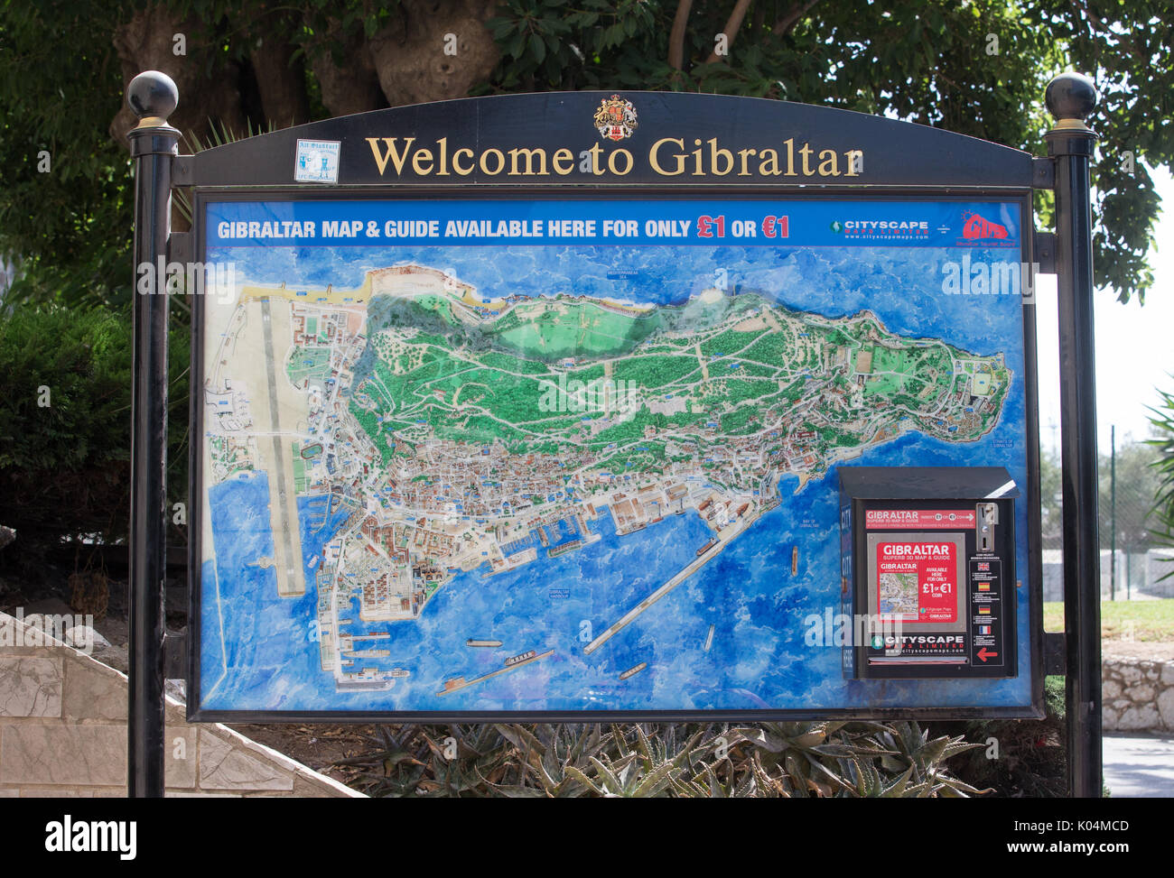 'Welcome to Gibraltar' sign, showing a map of the British overseas ...