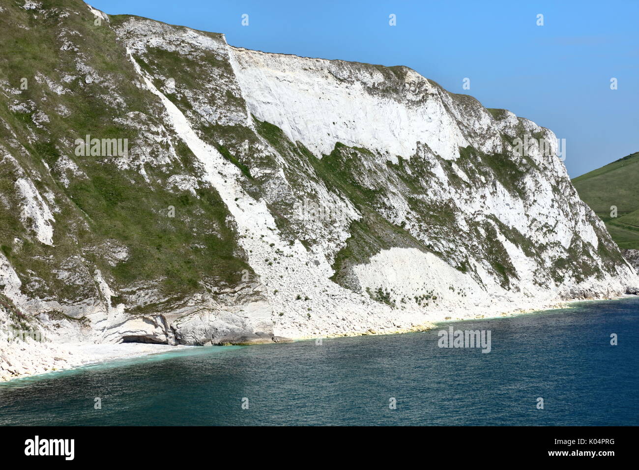 Crumbling chalk cliff face with well-established sea eroded talus cone ...